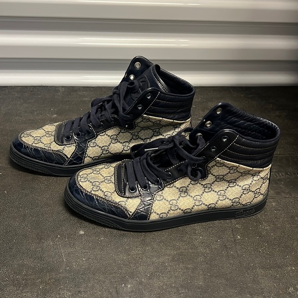 Gucci | Shoes | Gucci High Top Sneaker Monogramnavy Blue | Poshmark